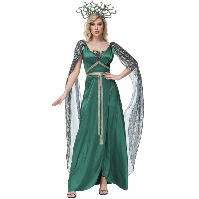 Blackish Green Snake Print Slit Skirt Medusa Halloween Cosplay Costume