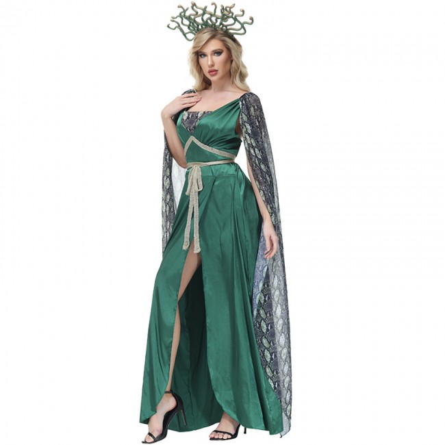 Blackish Green Snake Print Slit Skirt Medusa Halloween Cosplay Costume